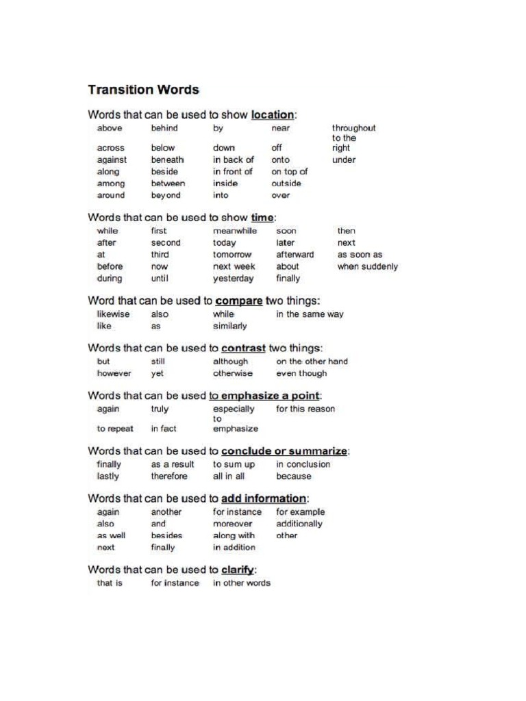 Transitions Words For Creative Writing | PDF