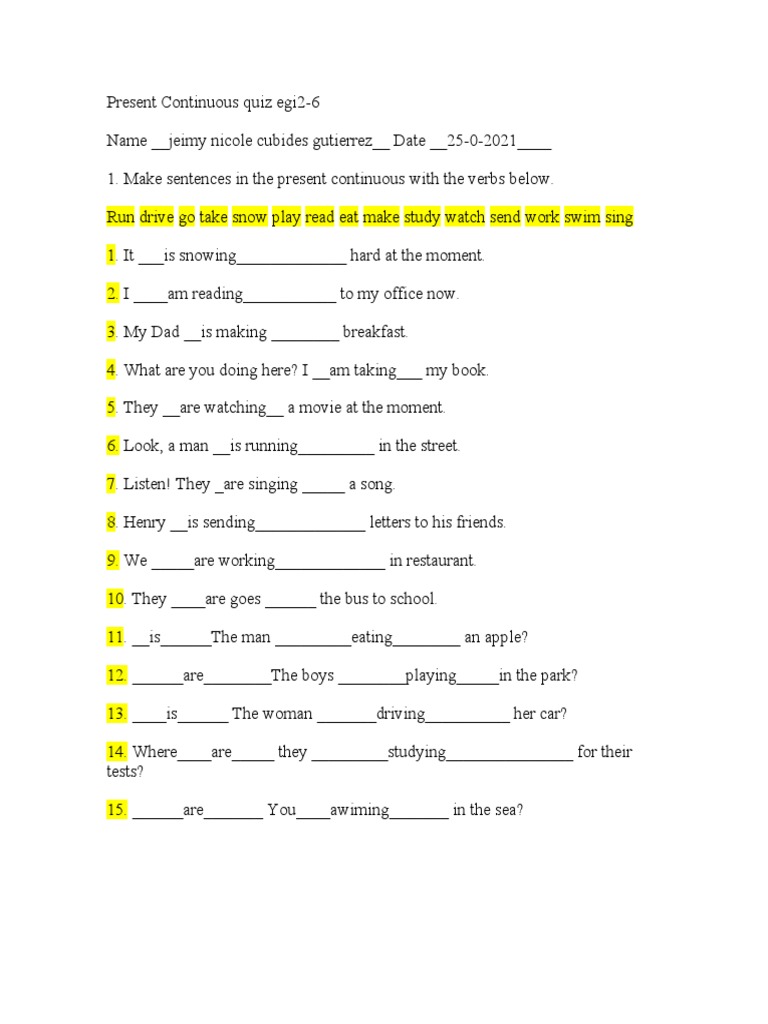 Present Continuous Quiz Egi2 Final | PDF