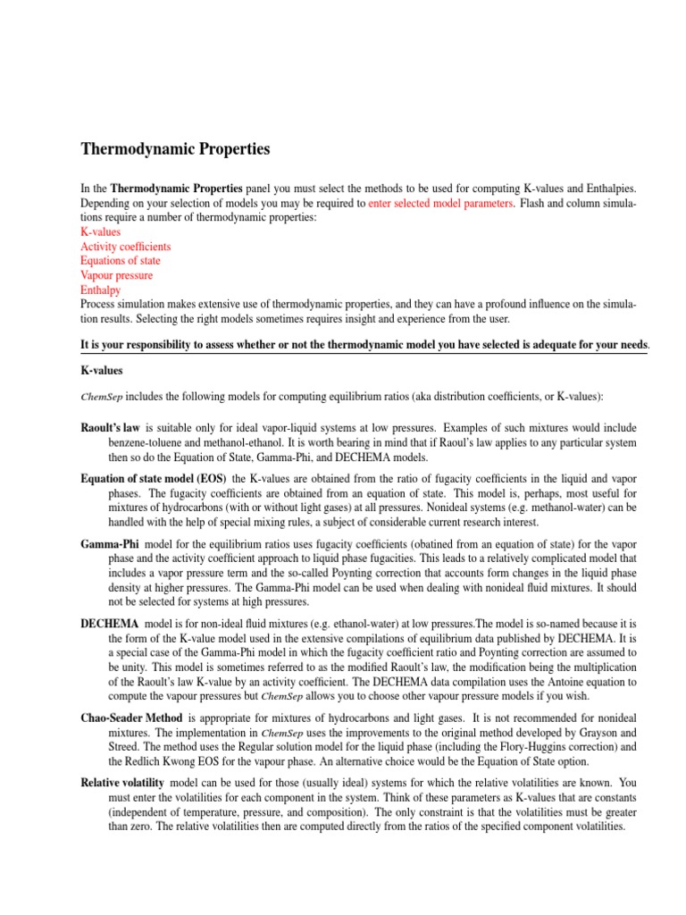 ChemSep Thermodynamic Property Model Selection | PDF | Physical ...
