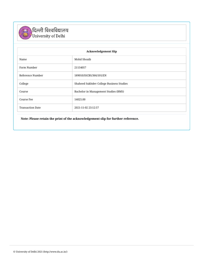 Acknowledgement Slip: © University of Delhi 2021 (HTTP://WWW - Du.ac ...