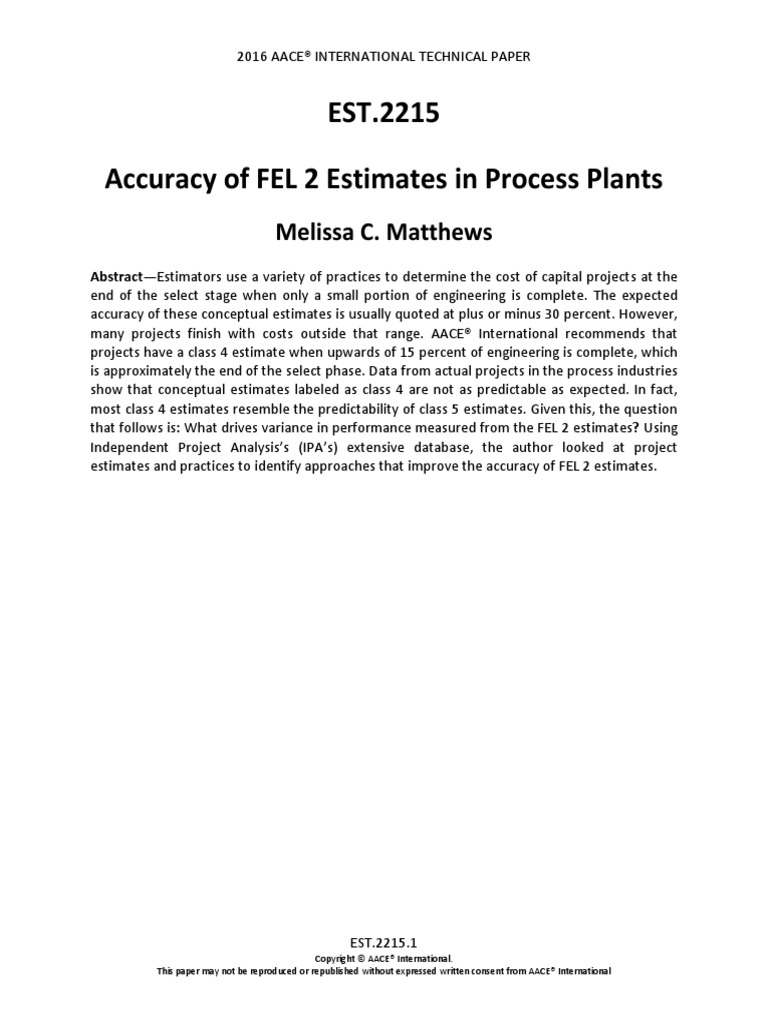 EST.2215 Accuracy of FEL 2 Estimates in Process Plants: Melissa C ...