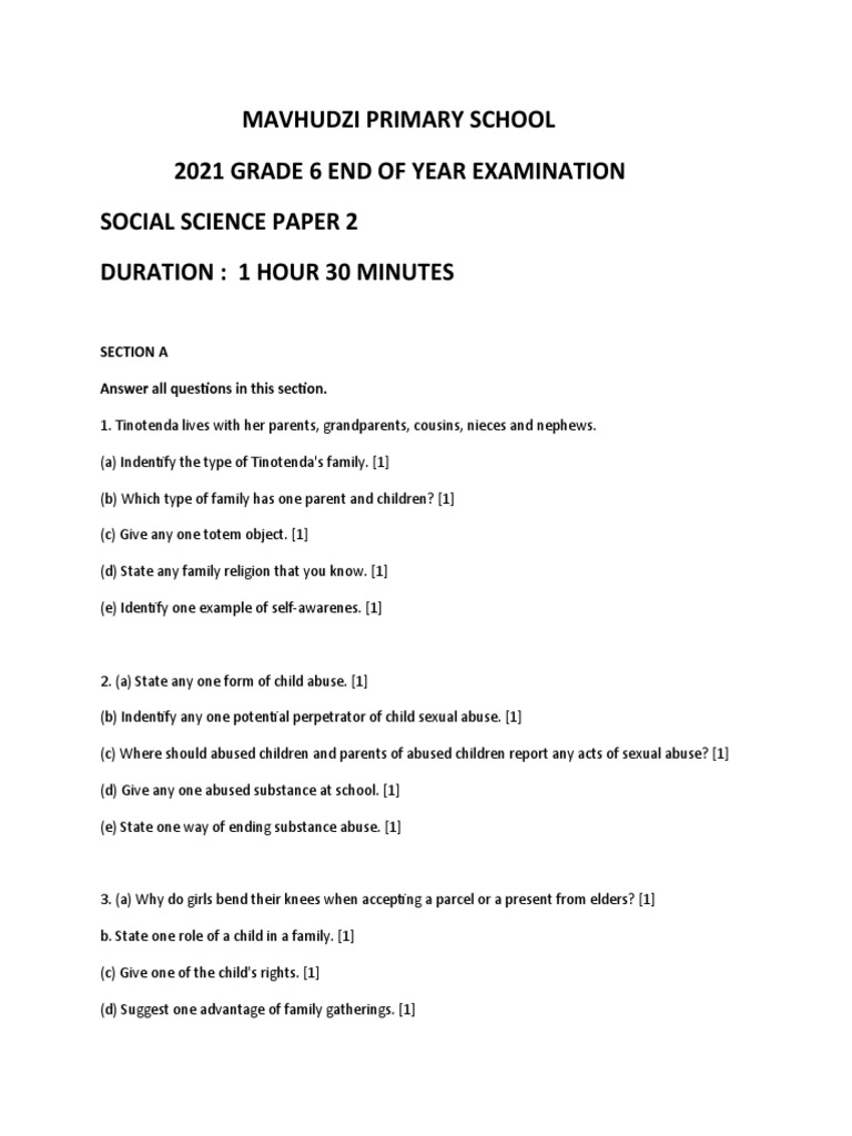 Mavhudzi Primary School 2021 Grade 6 End of Year Examination Social ...