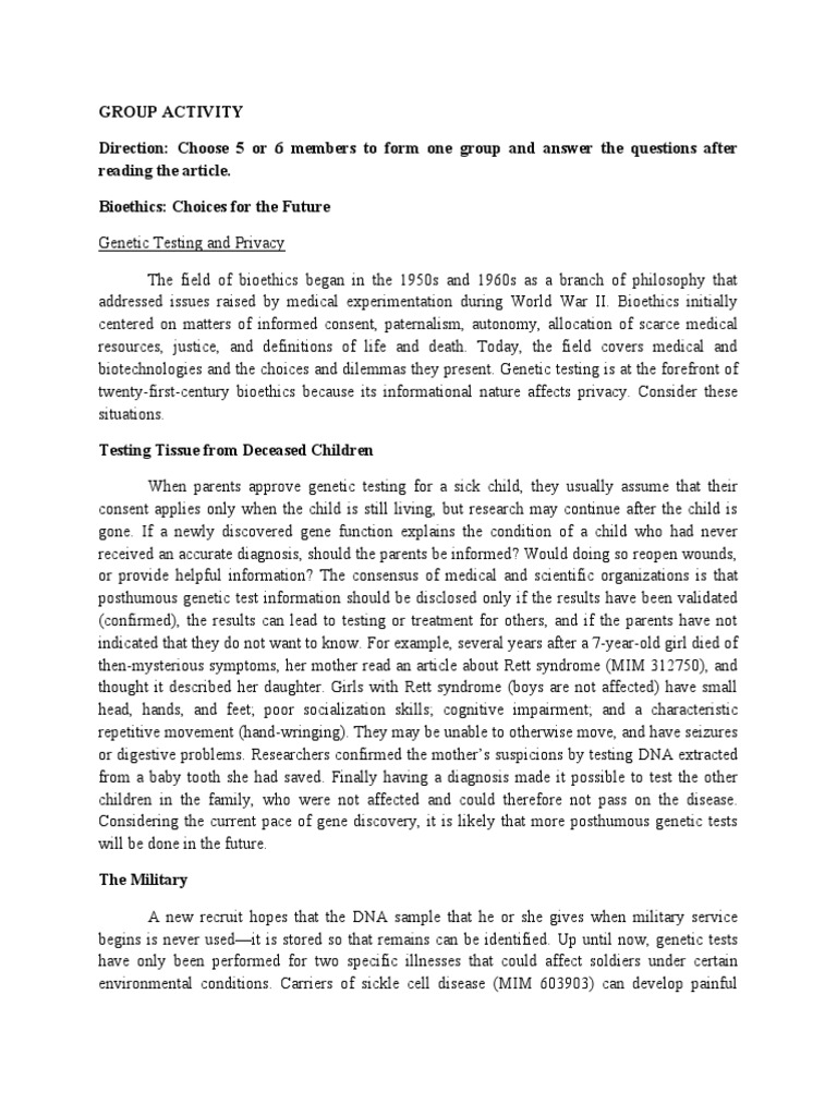 Bioethics (Choices For The Future) Genetic Testing and Privacy | PDF ...