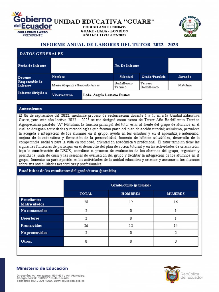 Informe Anual de Labores Del Tutor 2022-2023 - Video | PDF | Evaluación | Modificación de ...