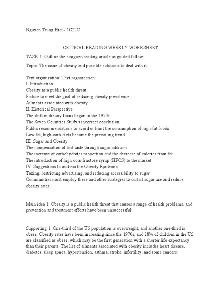 Critical Reading W2 Worksheet-1 | PDF | Obesity | Dieting