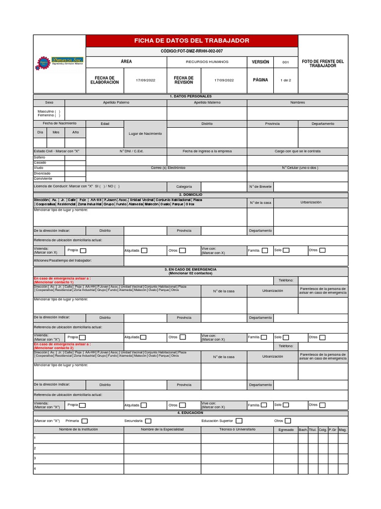 Ficha de Datos Del Trabajador: CÓDIGO:FOT-DMZ-RRHH-002-007 | PDF