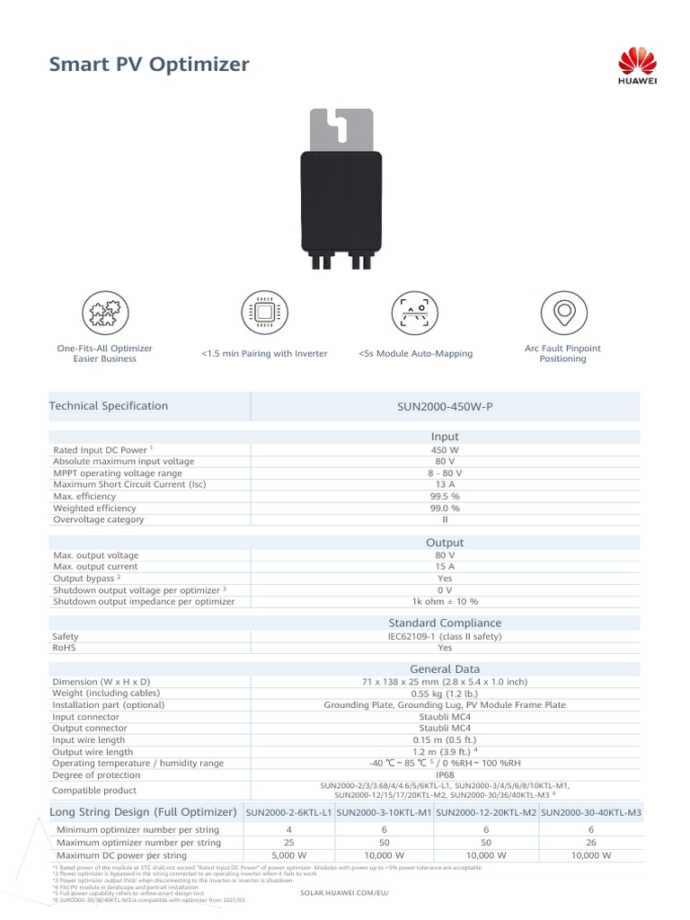 Smart PV Optimizer: Technical Specification SUN2000-450W-P Input | PDF