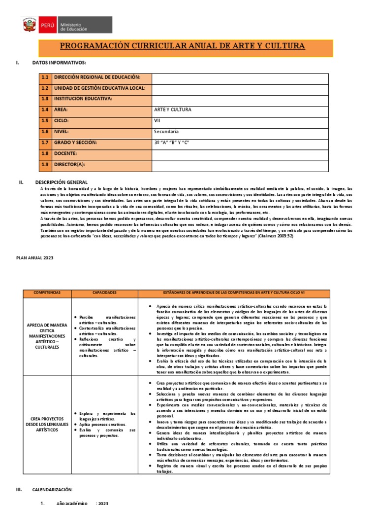 Programacion Anual Arte y Cultura 3ro-1 | PDF | Aprendizaje | Bailes