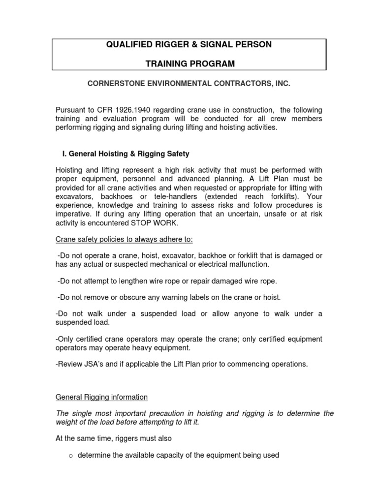 Qualified Rigger & Signal Person Training Program: Cornerstone ...