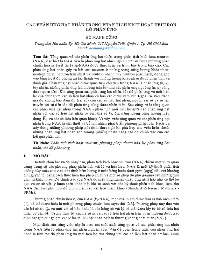 Các PH N NG H T Nhân Trong Phân Tích Kích Ho T Neutron Lò PH N NG | PDF