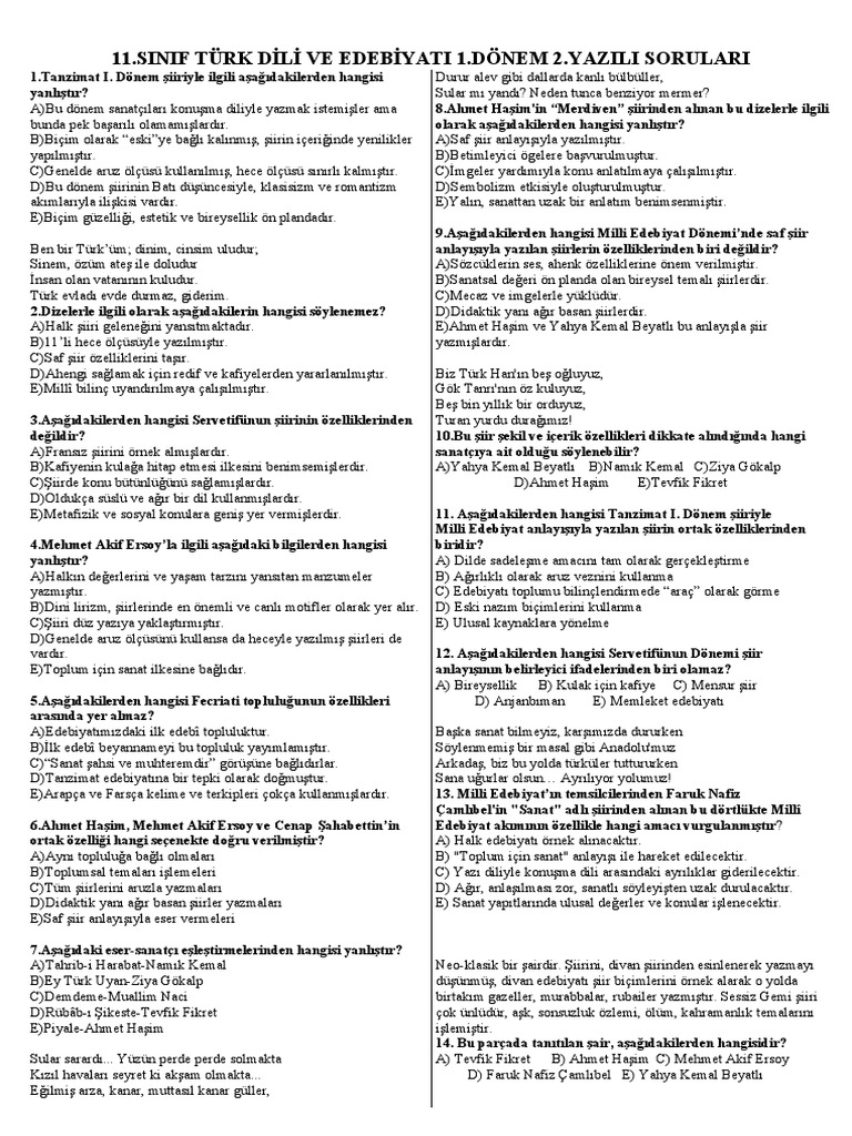 Edebiyat 11.sınıf Test | PDF