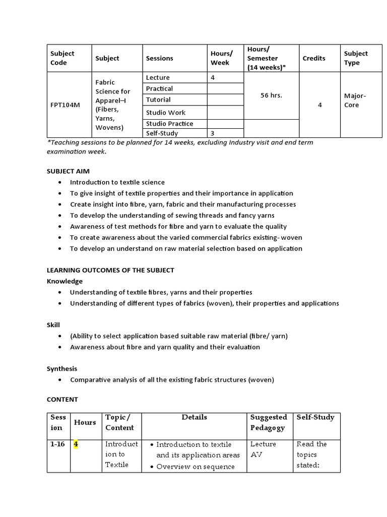Subject Code Subject Sessions Hours/ Week Hours/ Semester (14 Weeks) Credits Subject Type | PDF ...