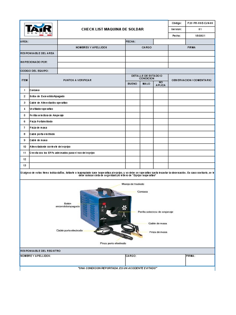F.23 PR-HSE-CJN-05 Check List Maquina de Soldar Electrica V.2 | PDF