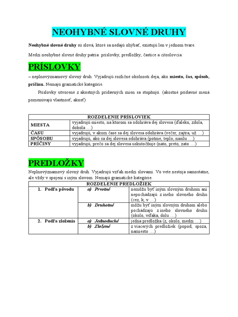 Neohybné slovné druhy - dôležité poznámky - UČEBNÁ POMOCKA | PDF