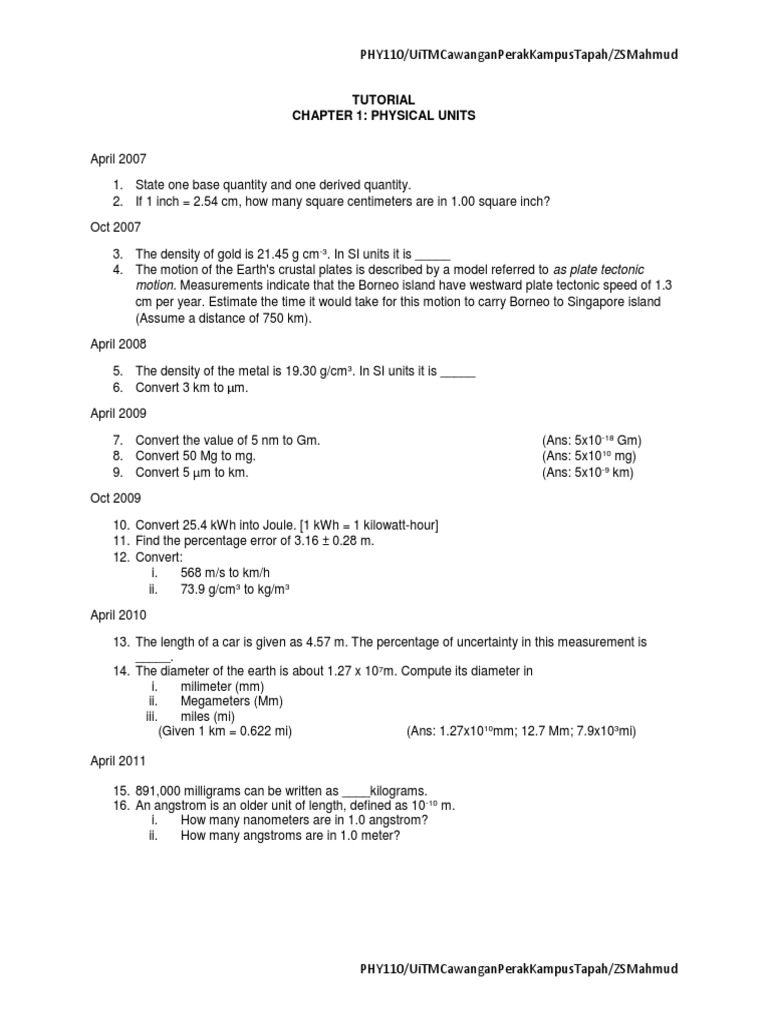 TUTORIAL Chapter 1 | PDF | Length | Measurement