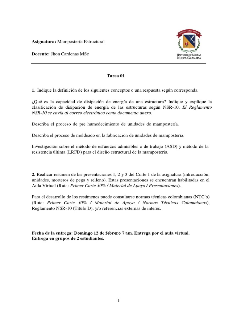 Tarea 01 Mampostería Estructural | PDF