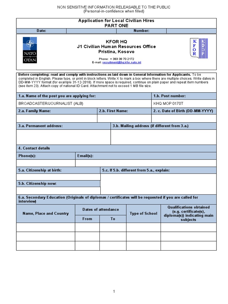 Application For Local Civilian Hires Part One Kfor HQ J1 Civilian Human ...