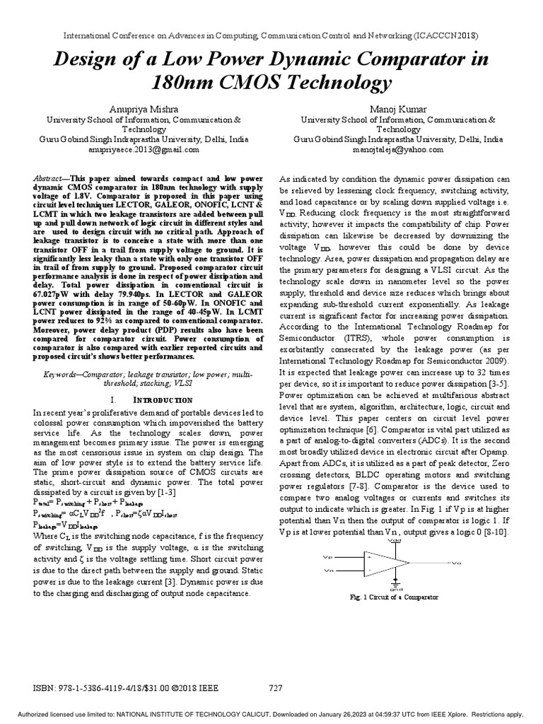 Design of A Low Power Dynamic Comparator in 180nm CMOS Technology | PDF | Cmos | Mosfet