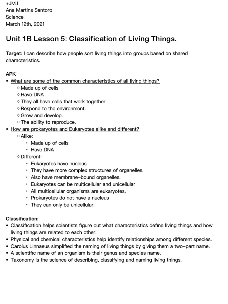 Unit 1B Lesson 5: Classification of Living Things | PDF | Organisms ...