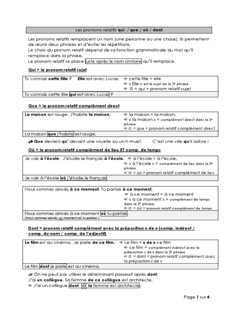 Pronoms relatifs : qui, que, où, dont | PDF | Pronom | Sujet (Grammaire)