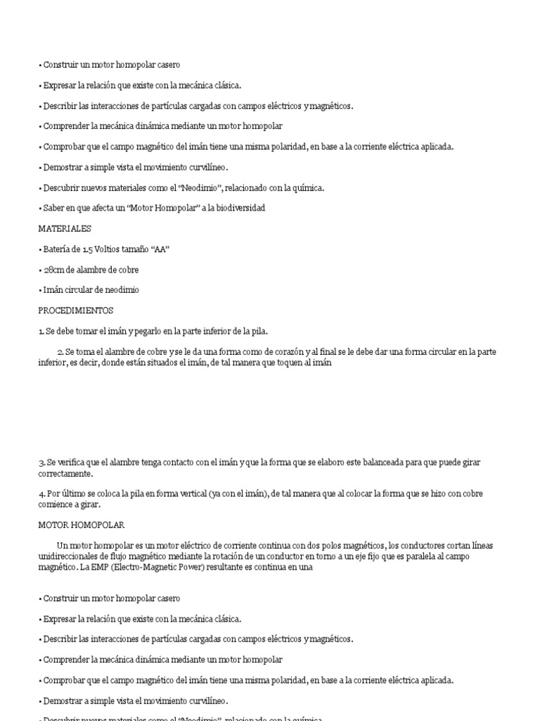 Construir Un Motor Homopolar Casero | PDF | Motor eléctrico | Generador ... Construir Un Motor Homopolar Casero | PDF | Motor eléctrico | Generador ...