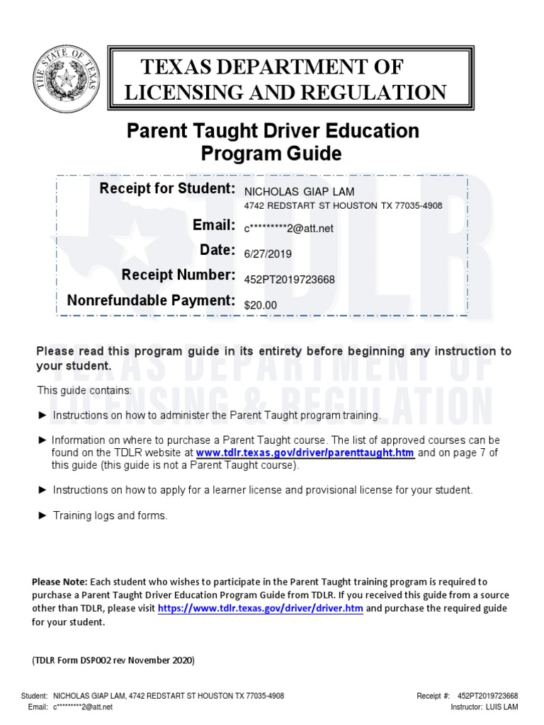 Texas Parent Taught Driver Ed Guide | PDF | Business