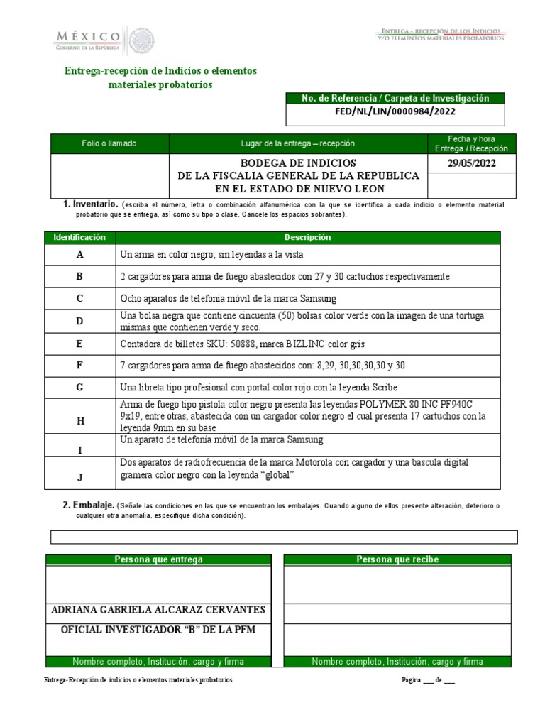 Entrega-Recepción de Indicios o Elementos Materiales Probatorios | PDF ...