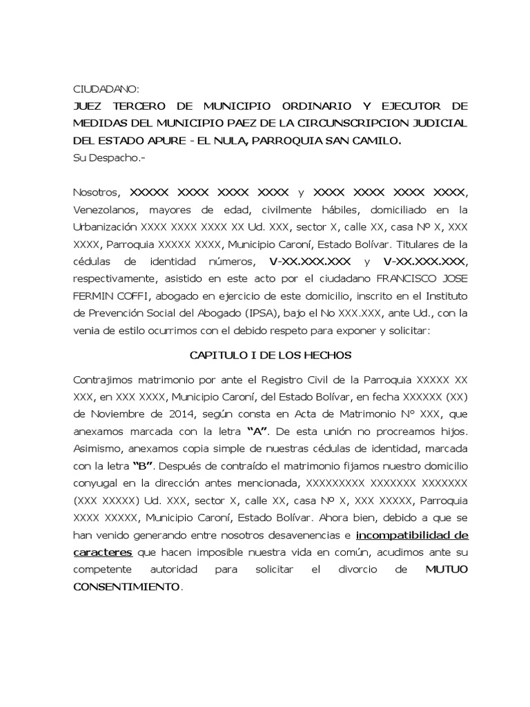 Modelo de Divorcio Mutuo Consentimiento | PDF