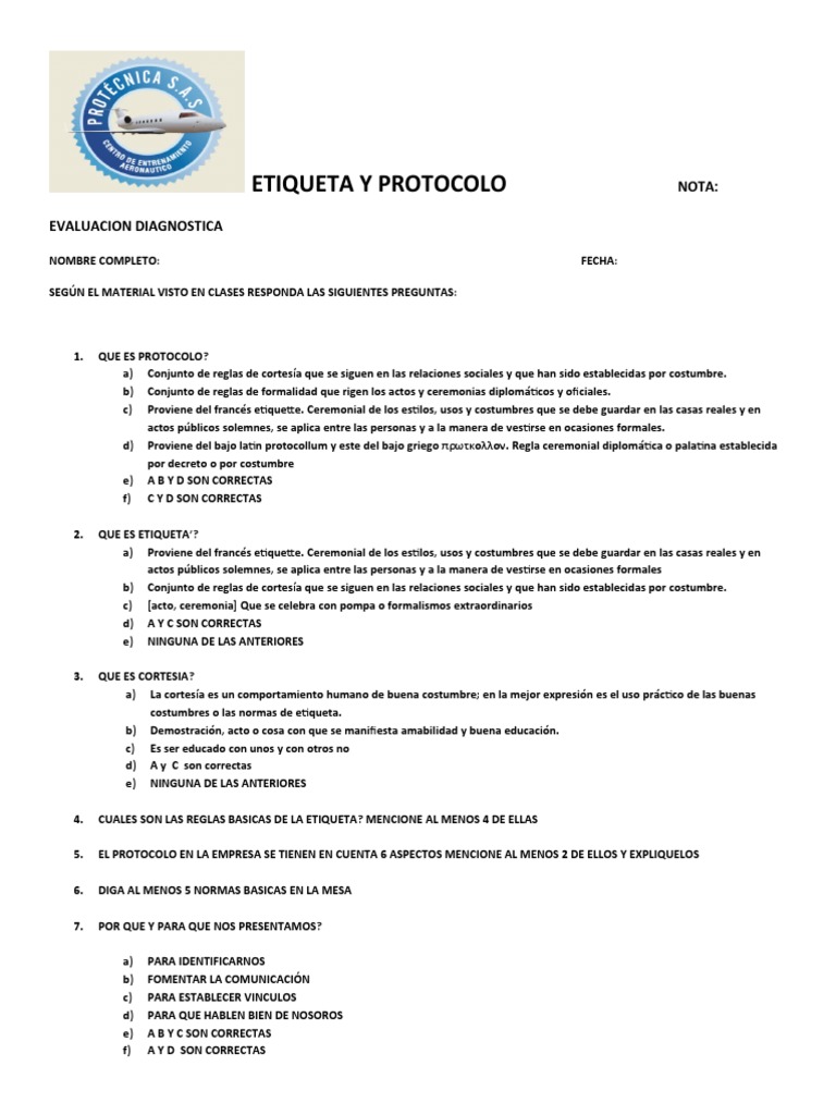 Etiqueta Y Protocolo: Nota: Evaluacion Diagnostica | PDF | Etiqueta
