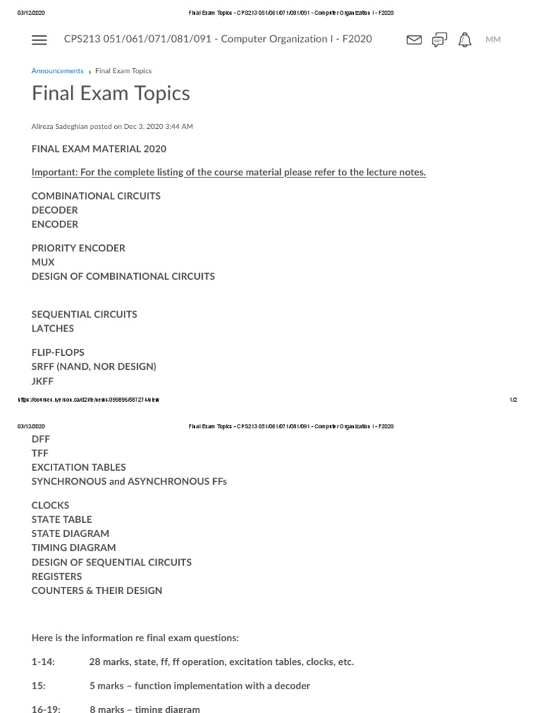 Final Exam Topics: CPS213 051/061/071/081/091 - Computer Organization I - F2020 | PDF | Art ...