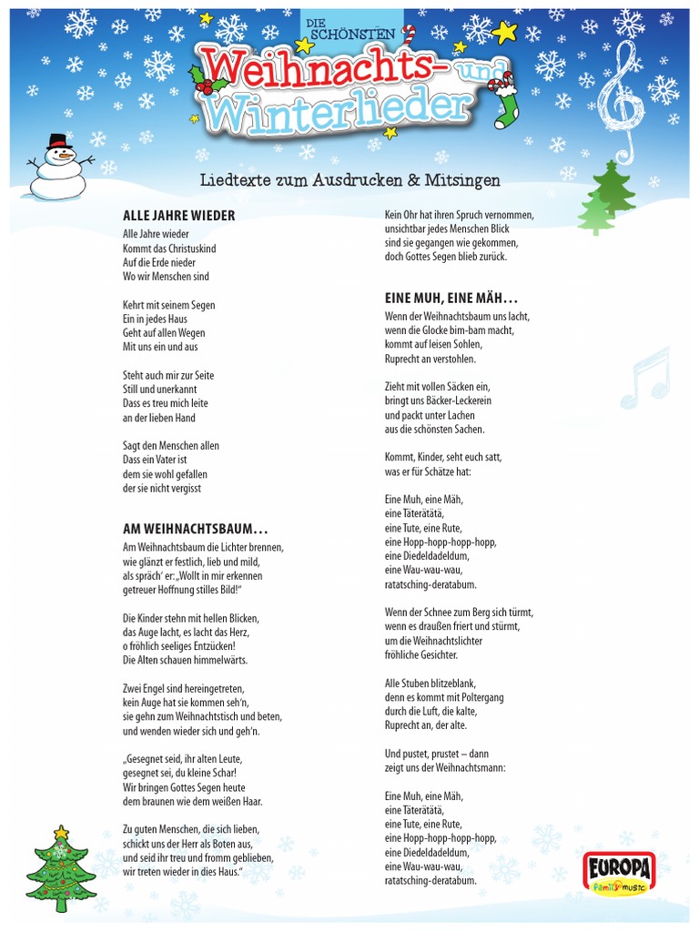 Liedtexte Zum Ausdrucken & Mitsingen: Alle Jahre Wieder | PDF