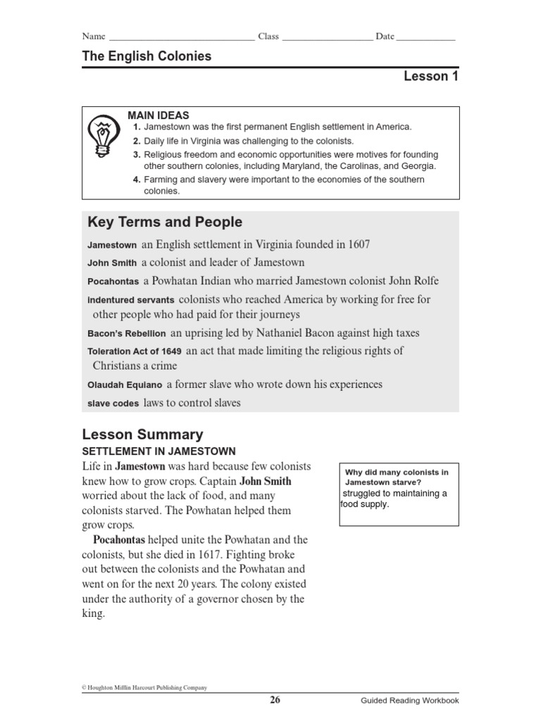 Key Terms and People: The English Colonies Lesson 1 | PDF | Slavery | Jamestown, Virginia