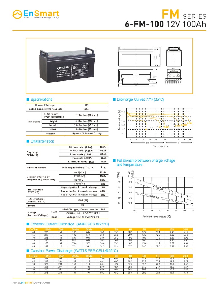Ensmartpower Battery FM Series 6 FM 100 12 V 100 Ah | Download Free PDF | Materials Science ...