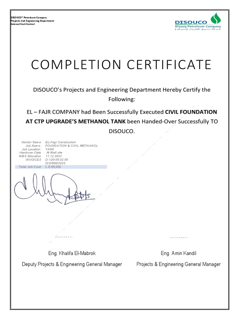 Completion Certificate CIVIL FOUNDATION OF METHANOL TANK | PDF | Technology & Engineering