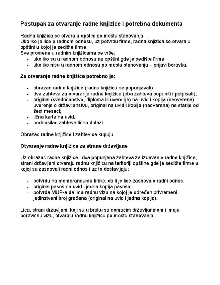 Postupak Za Otvaranje Radne Knjizice I Potrebna Dokumenta | PDF