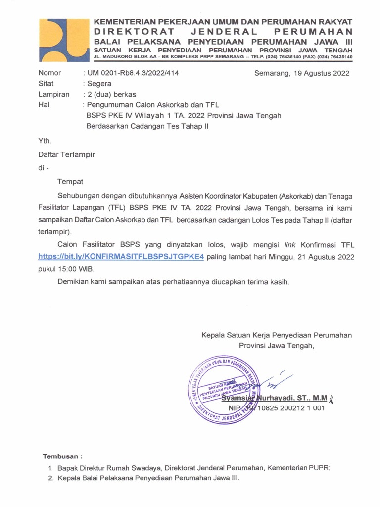 Pengumuman TFL BSPS PKE IV Wil 1 Thap 2 | PDF