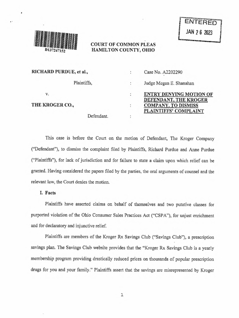 Kroger Lawsuit Order Denying Motion To Dismiss | PDF | Federal Rules Of ...