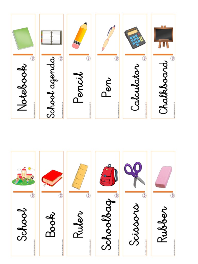 tarjetas de vocabulario Material escolar INGLÉS | PDF