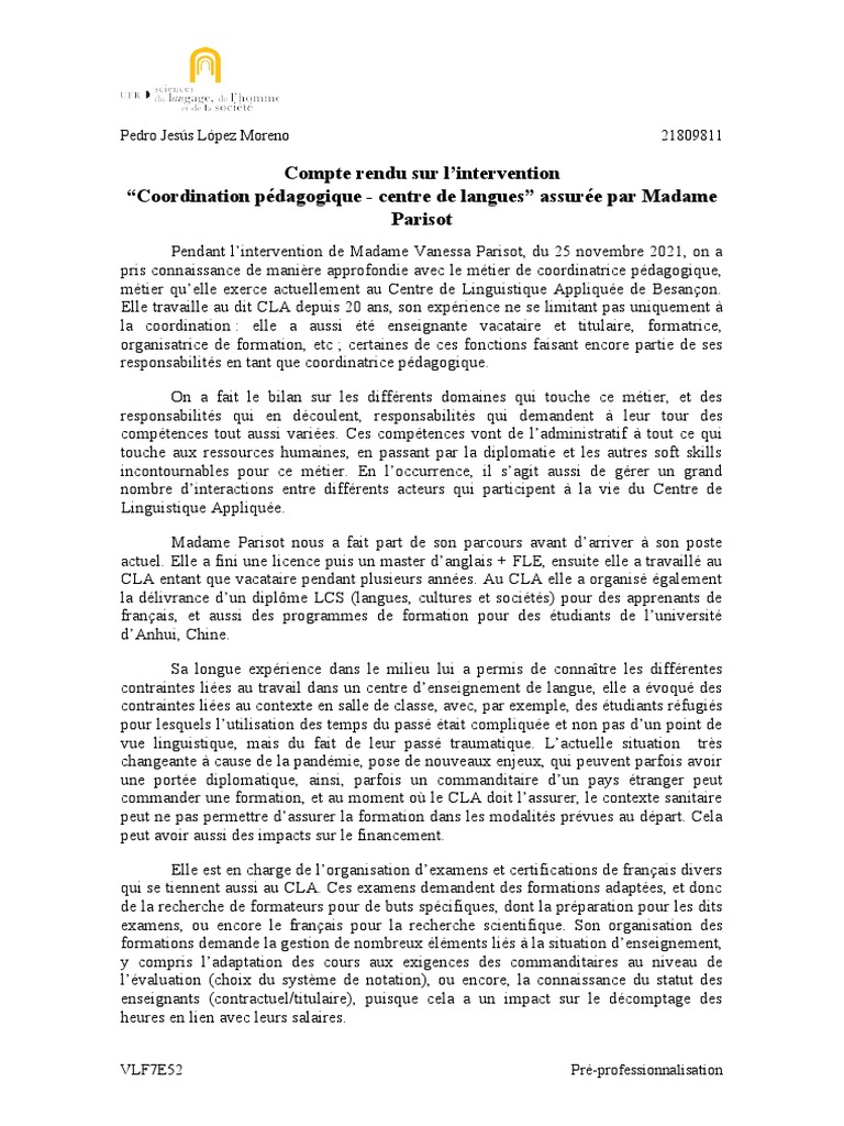 Compte Rendu Intervention Madame Vanessa Parisot | PDF