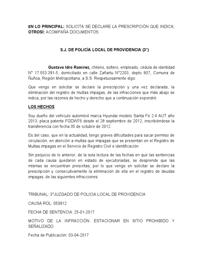 Solicitud Prescripcion Multas JPL Providencia FGDW76 | PDF