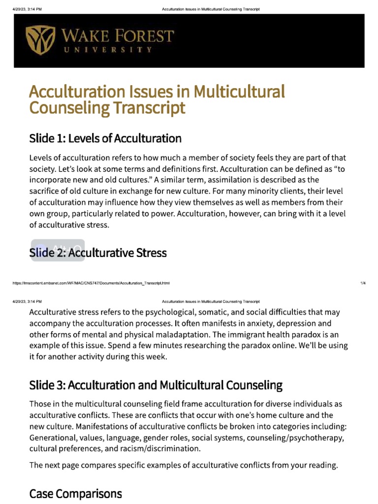 Acculturation Issues in Multicultural Counseling Transcript | PDF