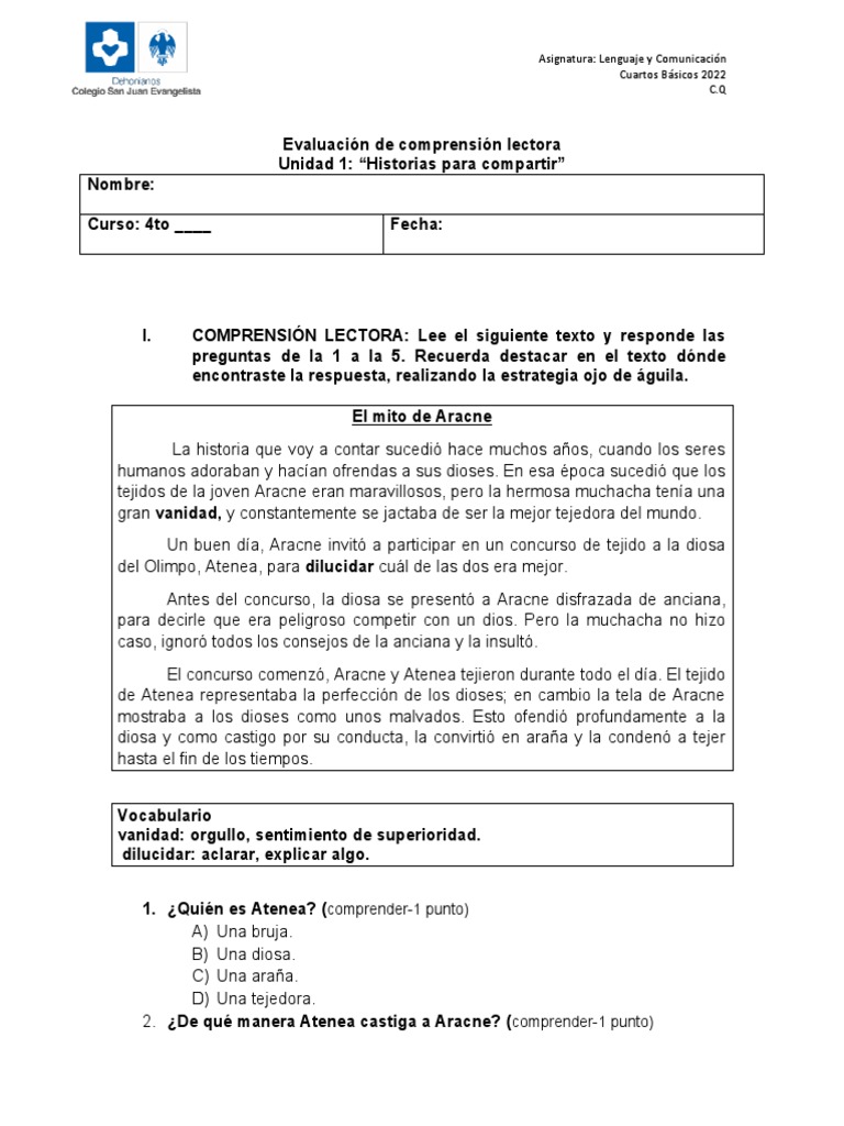 Evaluación de Comprensión Lectora - Mitos Unidad 1 LYC 4tos Básicos ...