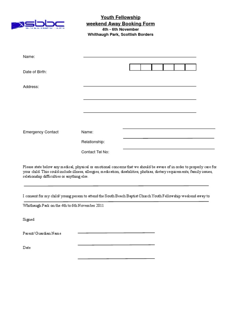 Yf Weekend Away Form | PDF