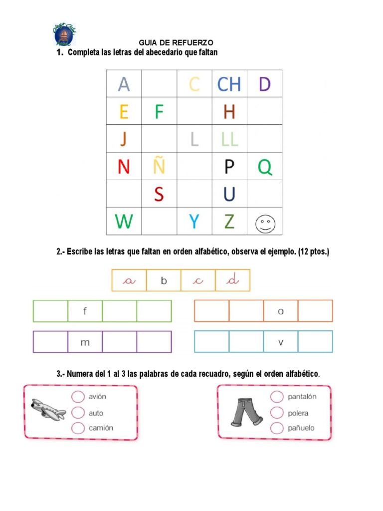 Guía de refuerzo para completar el abecedario, ordenar palabras ...