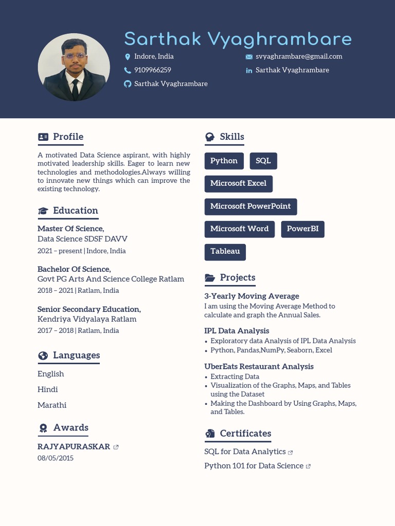 Sarthak Vyaghrambare Resume - Data Science Aspirant | PDF | Data | Data Analysis