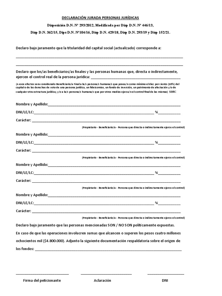 Declaración Jurada Personas Jurídicas | PDF
