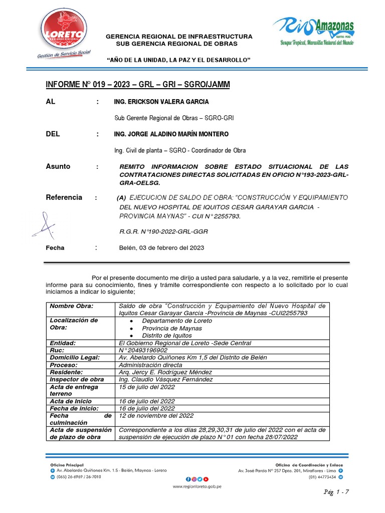 Informe #019 - 2023 - GRL - Gri - Sgro/Jamm: AL: Ing. Erickson Valera ...