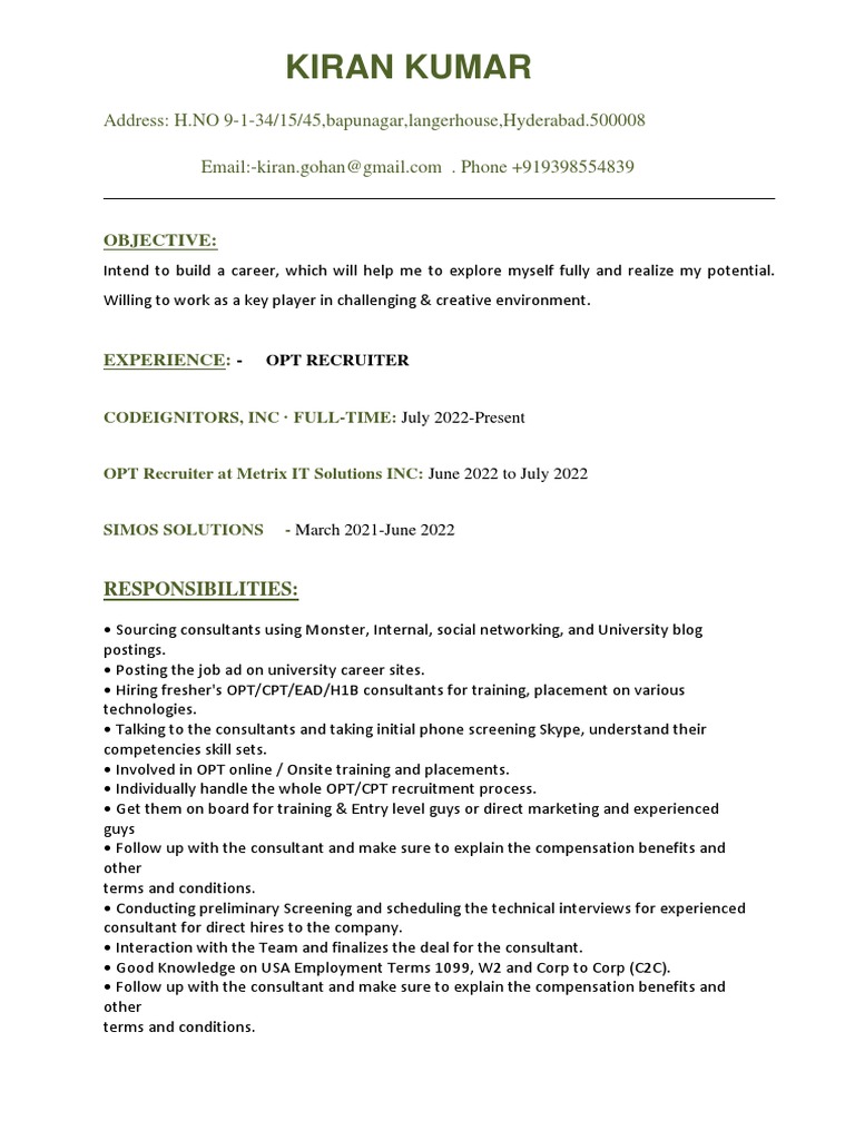 Kiran Kumar OPT Recruiter Resume | PDF | Consultant | Business
