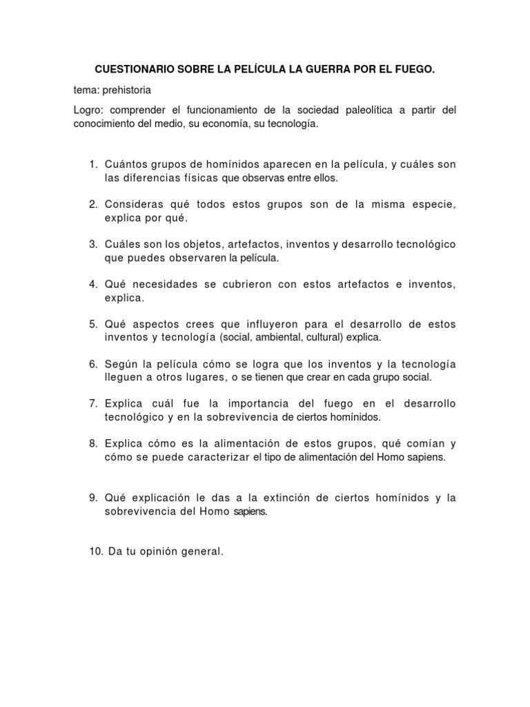 Cuestionario para La Película La Guerra Por El Fuego | PDF