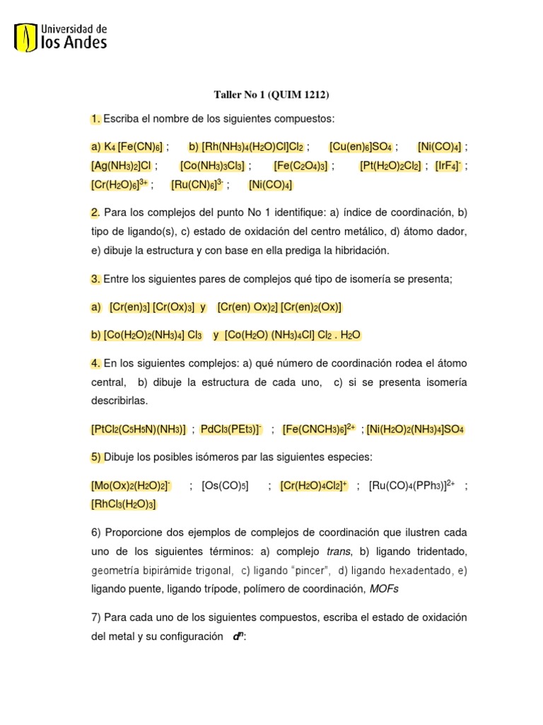 Taller No 1 (QUIM 1212) | PDF